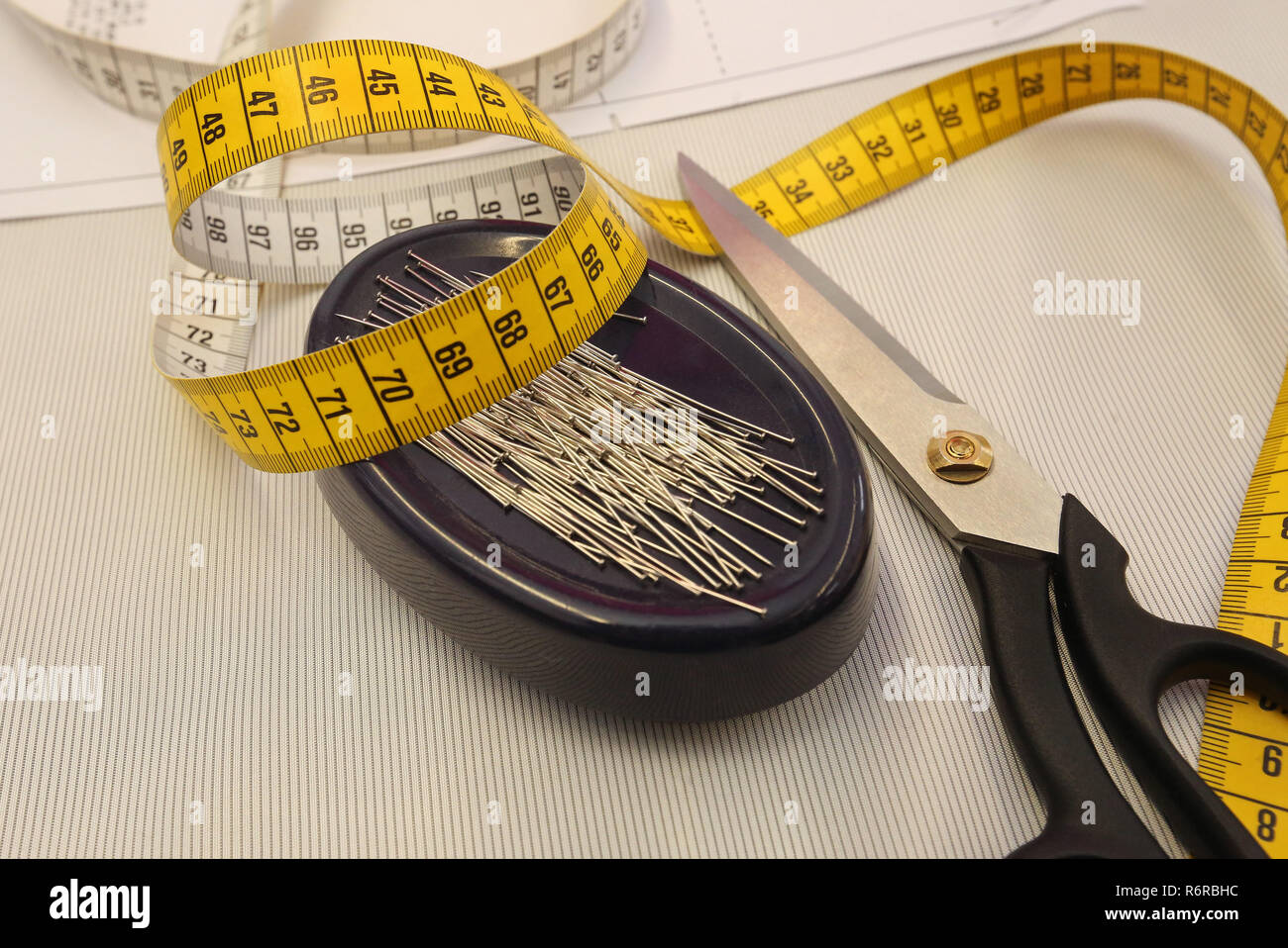 needles,measuring tape and scissors Stock Photo - Alamy