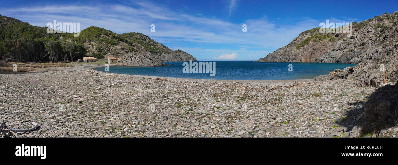 Panoramic view of a secluded cove in the Cap de Creus natural park ...