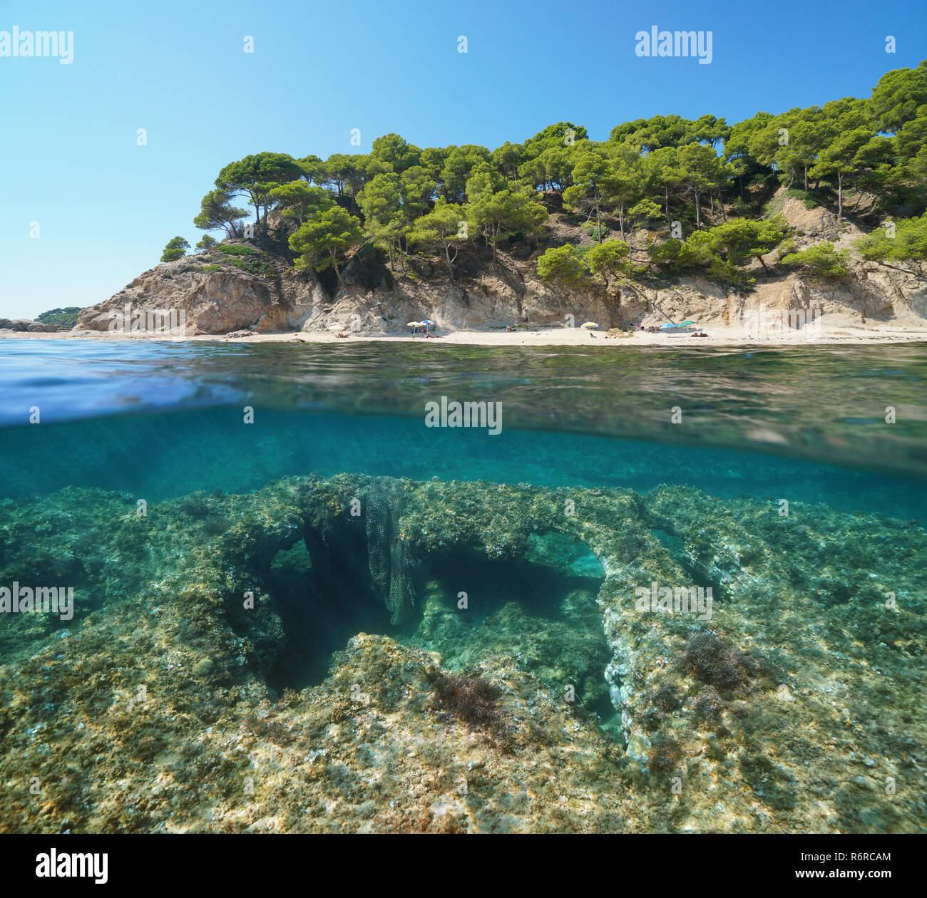 Spain Mediterranean coastline with a beach and underwater an eroded ...