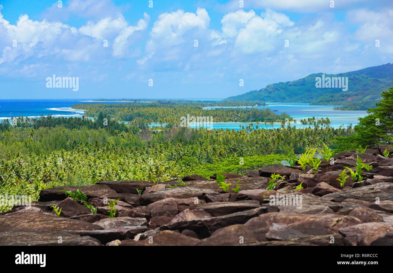 Tropical landscape in French Polynesia, Huahine island and lagoon ...