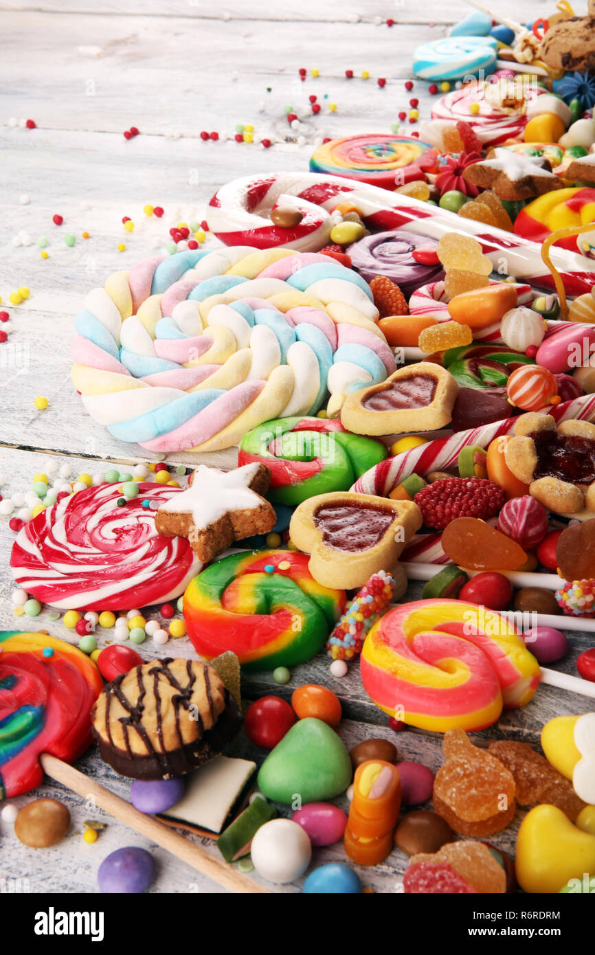 candies with jelly and sugar. colorful array of different childs sweets and treats Stock Photo ...