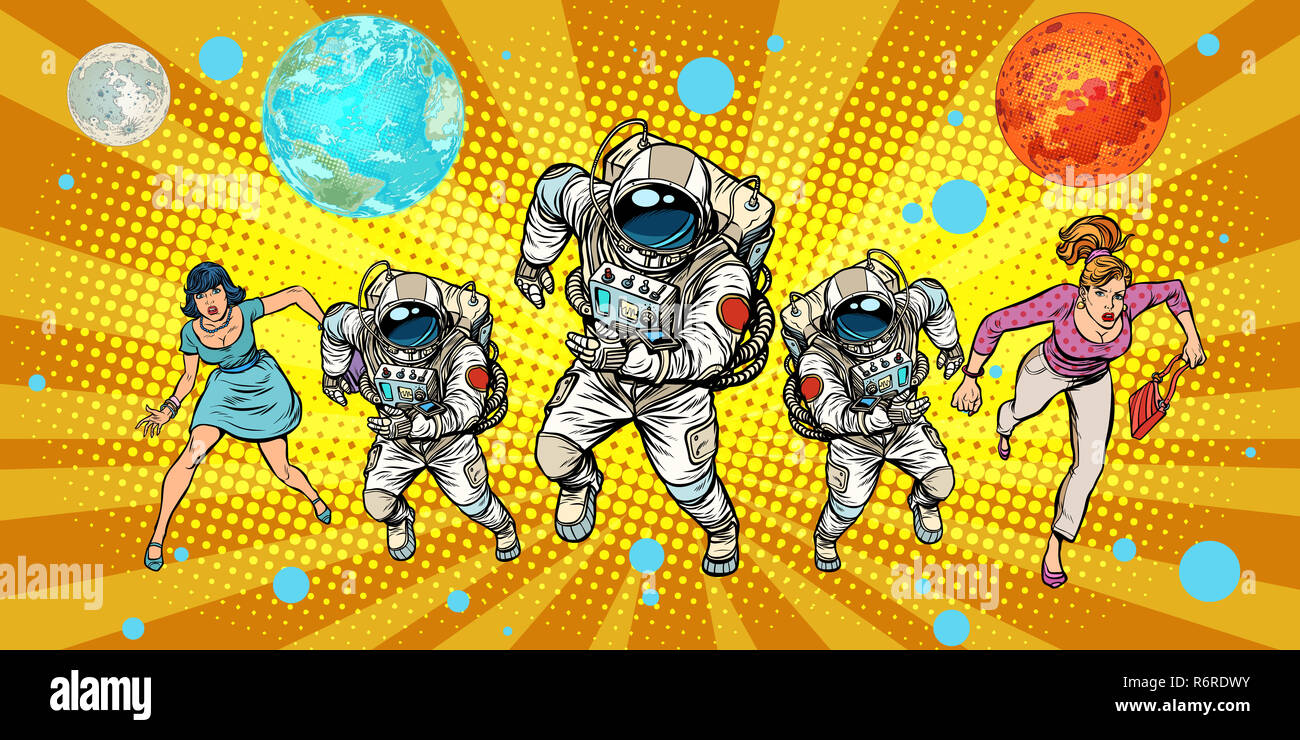 women and astronauts running around the universe Stock Photo - Alamy