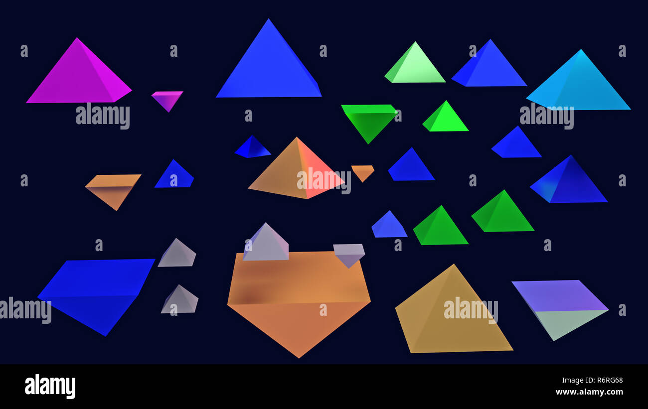 3d illustration of floating and slightly shiny pyramids with square ...