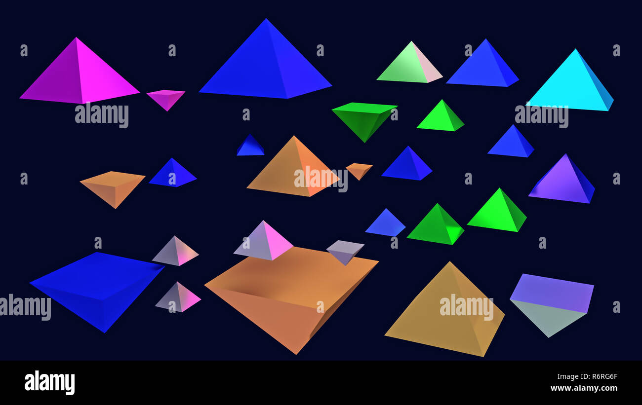 3d illustration of floating and slightly shiny pyramids with square ...