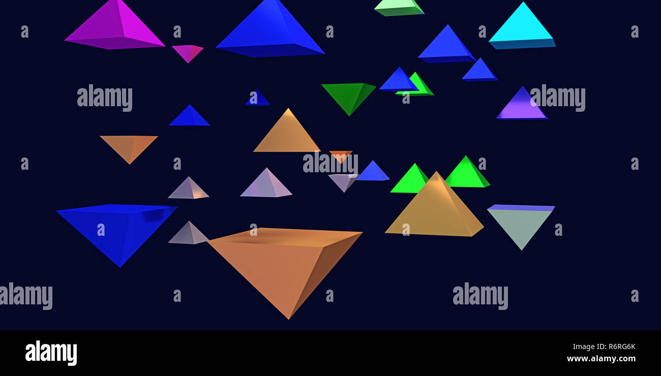 3d illustration of floating and slightly shiny pyramids with square ...