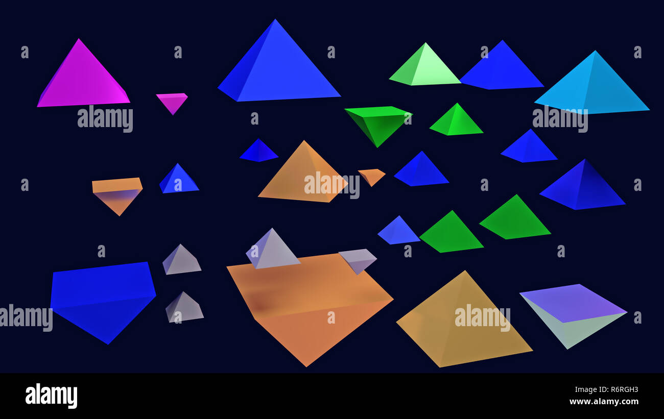 3d illustration of floating and slightly shiny pyramids with square ...
