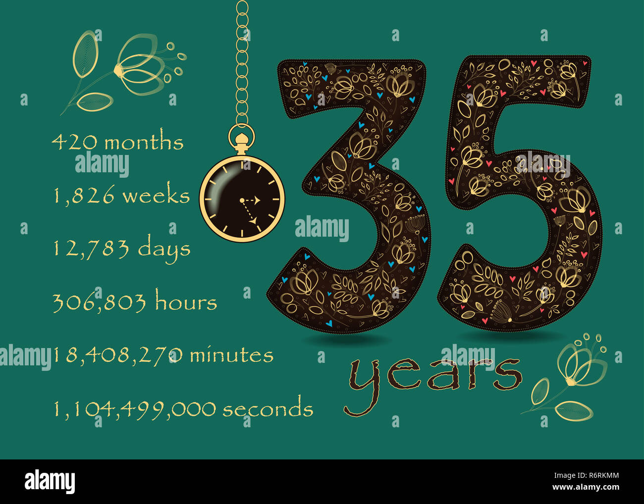Floral card Number Thirty Five and Pocket Watch Stock Photo - Alamy