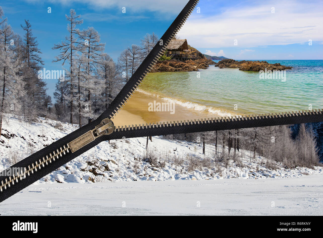 Transition from winter to summer. The concept in the form of a zipper ...