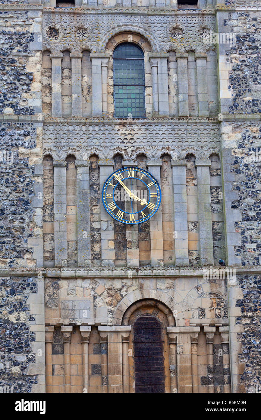 12th century Romanian style Church of St Mary the Virgin, clock tower ...