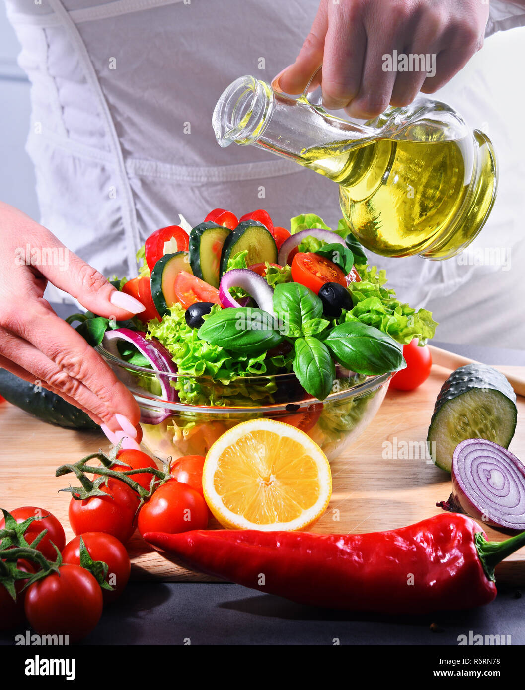 Preparation of a vegetable salad from fresh organic ingredients Stock ...
