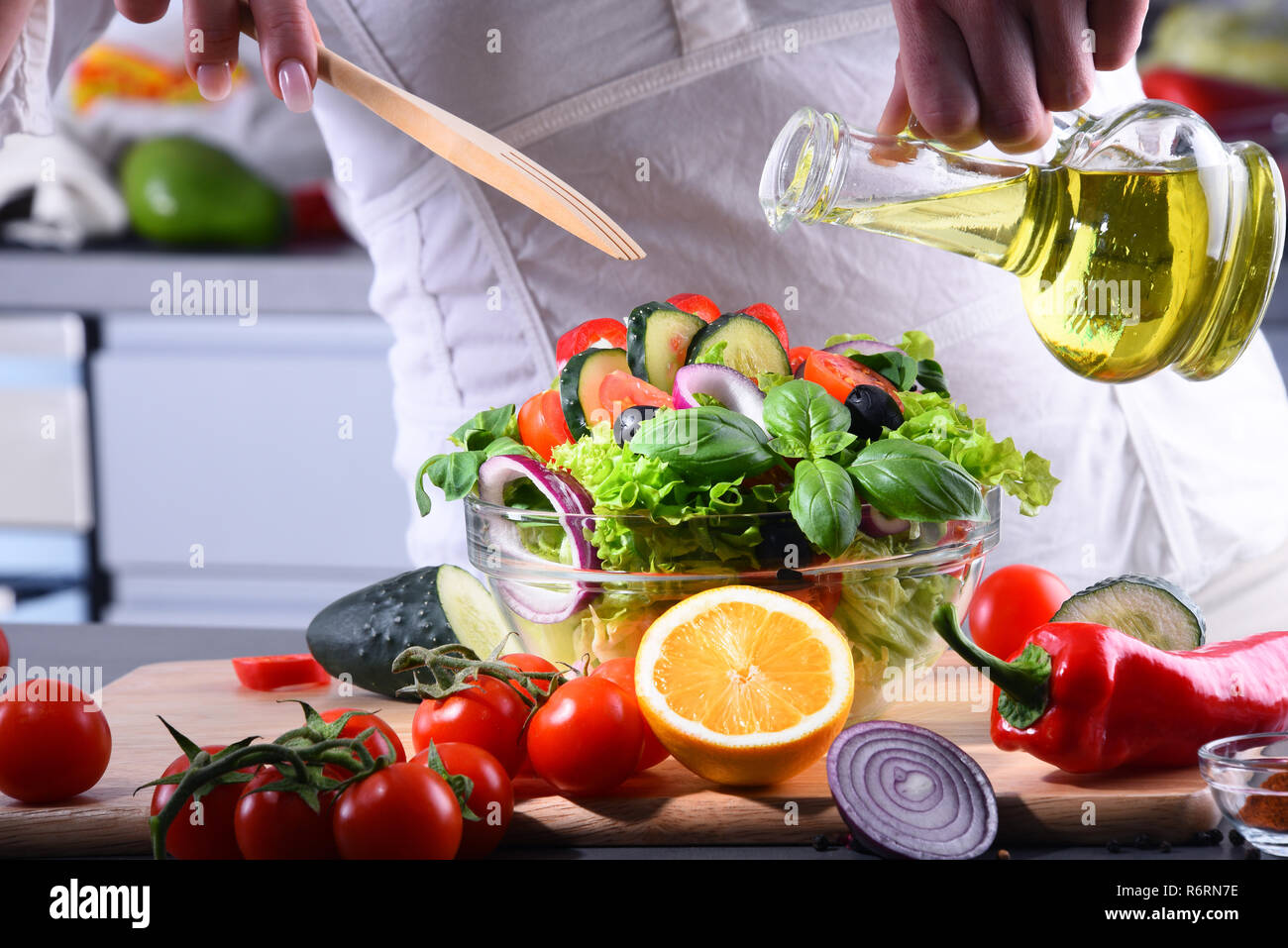 Preparation of a vegetable salad from fresh organic ingredients Stock ...