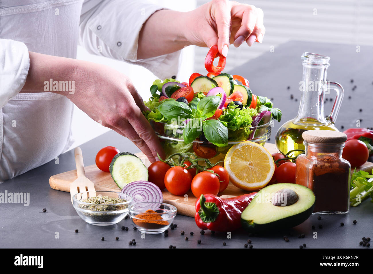 Preparation of a vegetable salad from fresh organic ingredients Stock ...