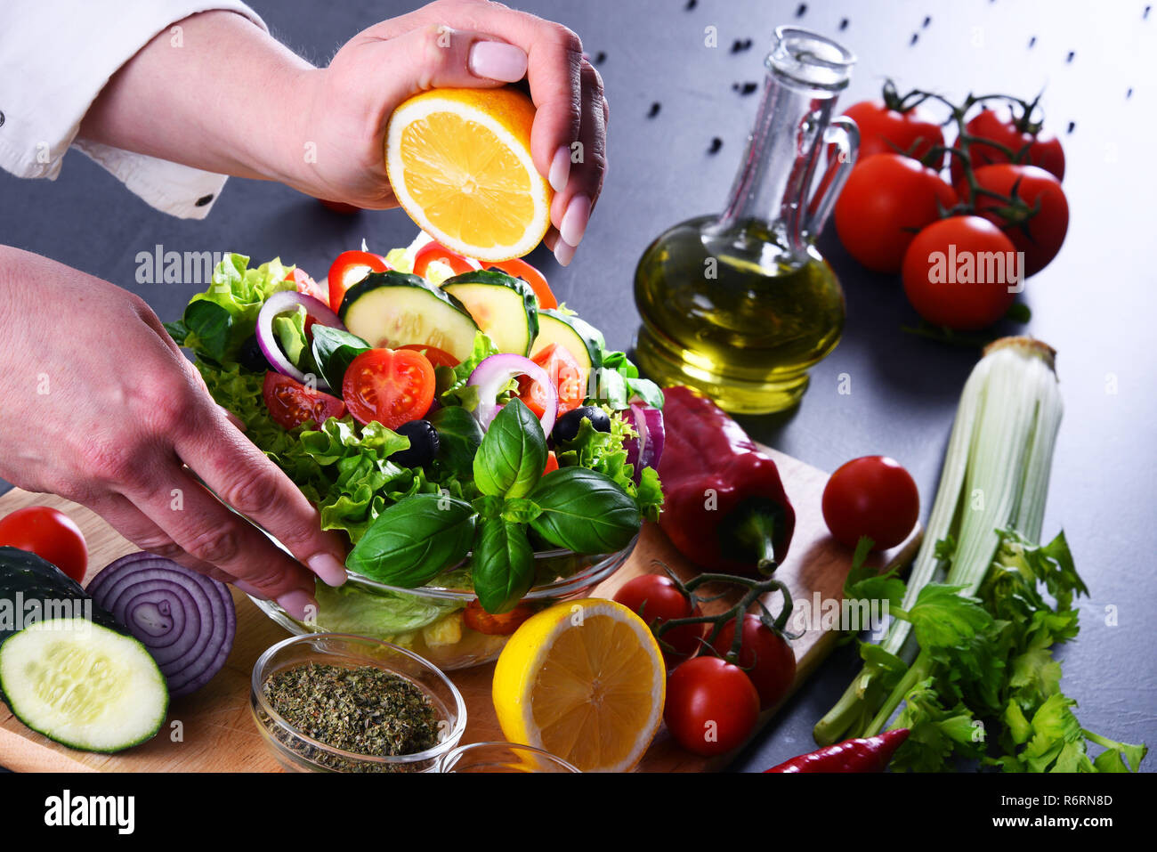 Preparation of a vegetable salad from fresh organic ingredients Stock ...