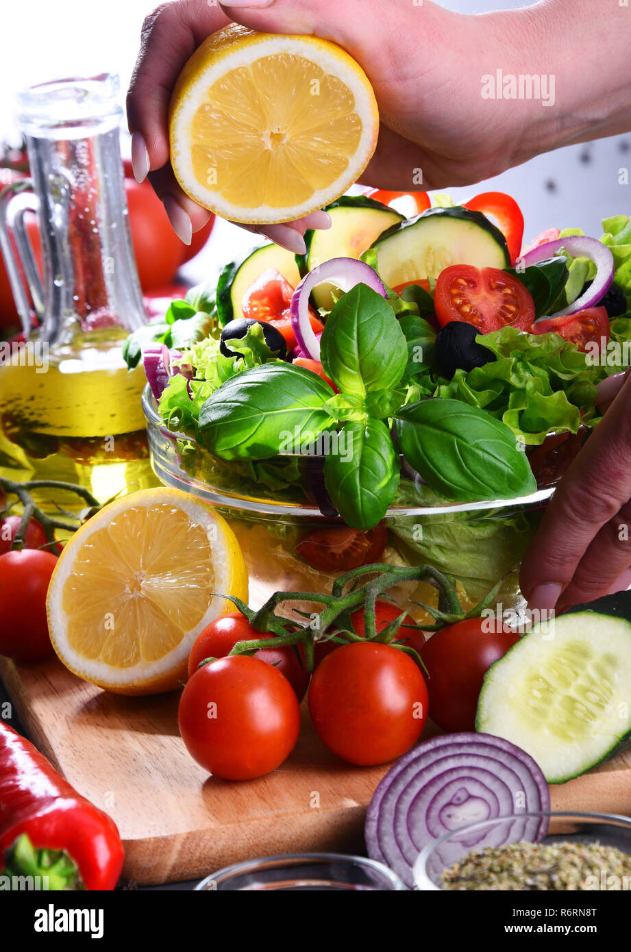 Preparation of a vegetable salad from fresh organic ingredients Stock ...