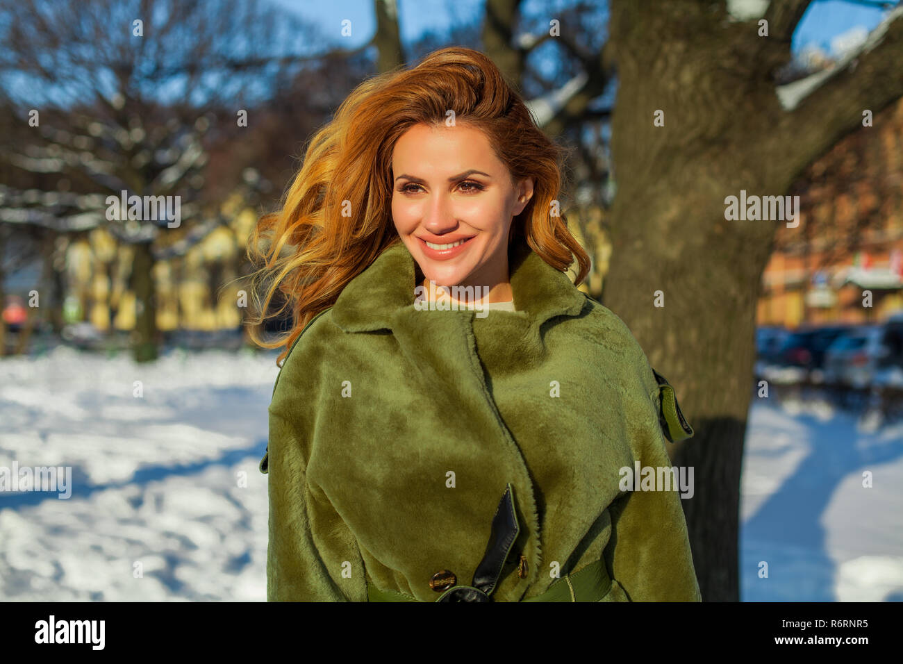 Beautiful female face. Winter woman outdoor Stock Photo - Alamy