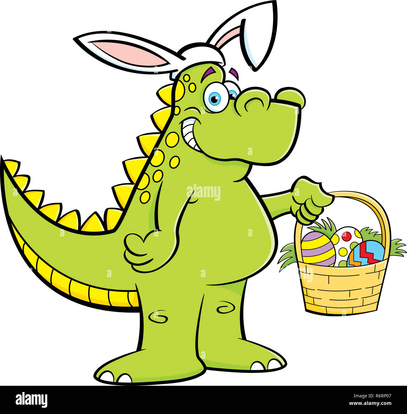 Cartoon illustration of a dinosaur wearing rabbit ears and holding an ...
