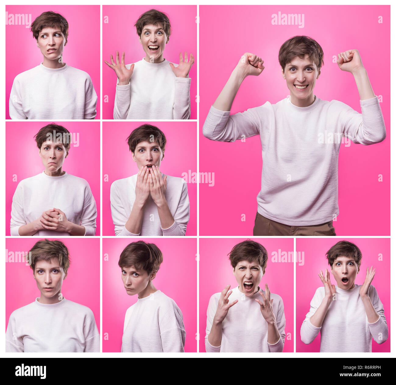 Different emotions collage. Set of young emotional woman over pink ...