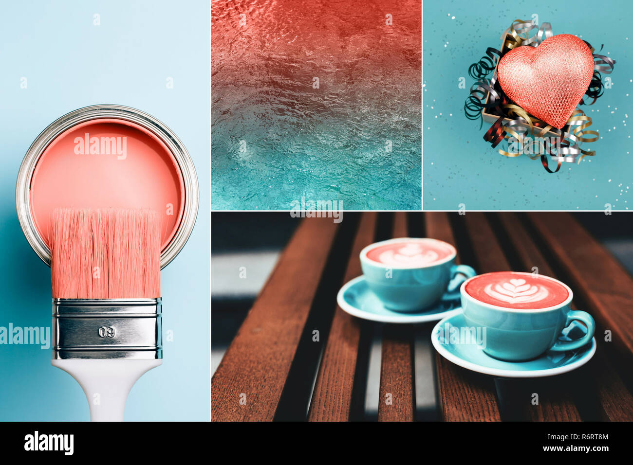 Creative collage in Living Coral color. Main trend concept. Natural and ...