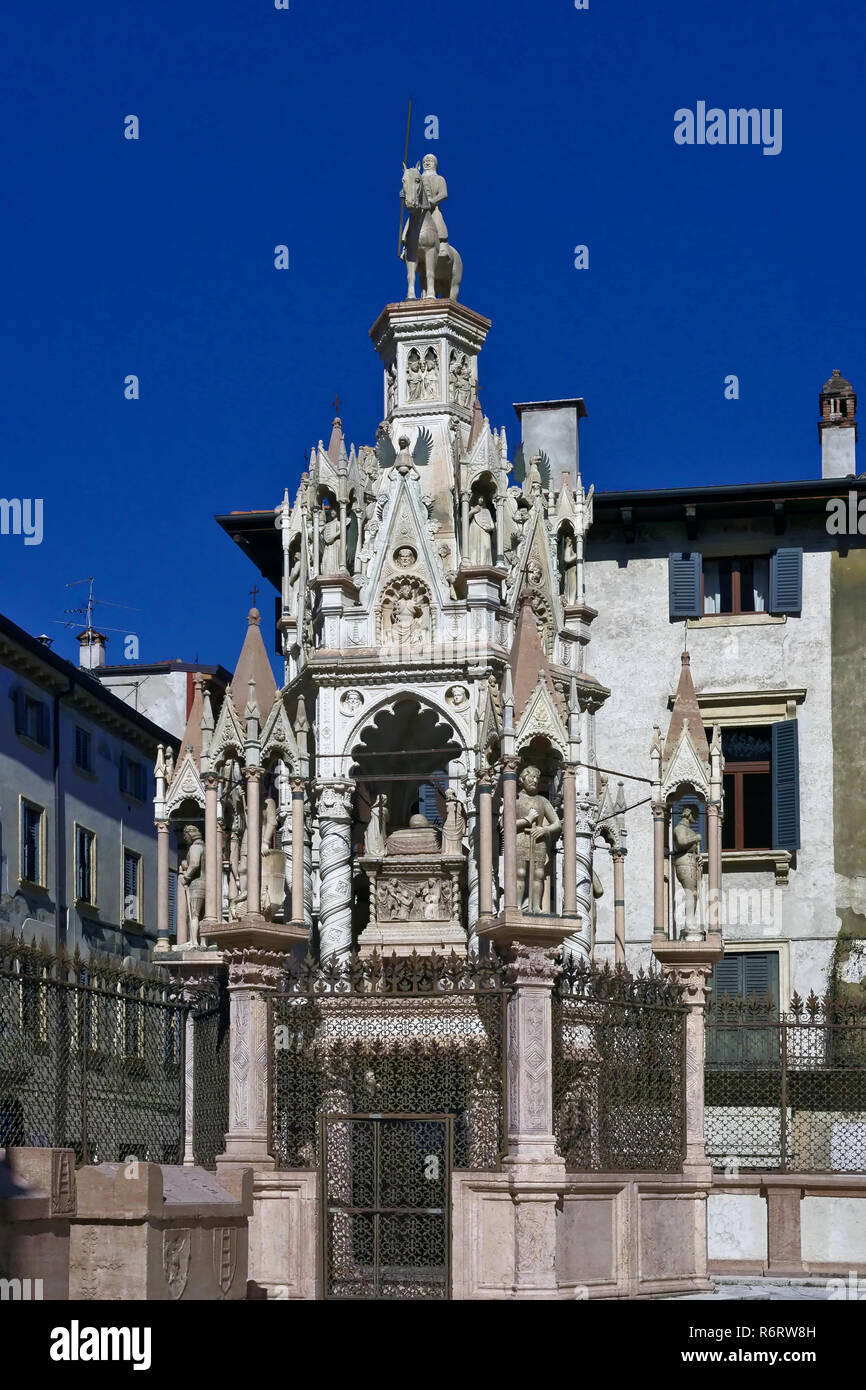 The tomb of Cangrande I in Verona, Italy. This is the first of the five ...