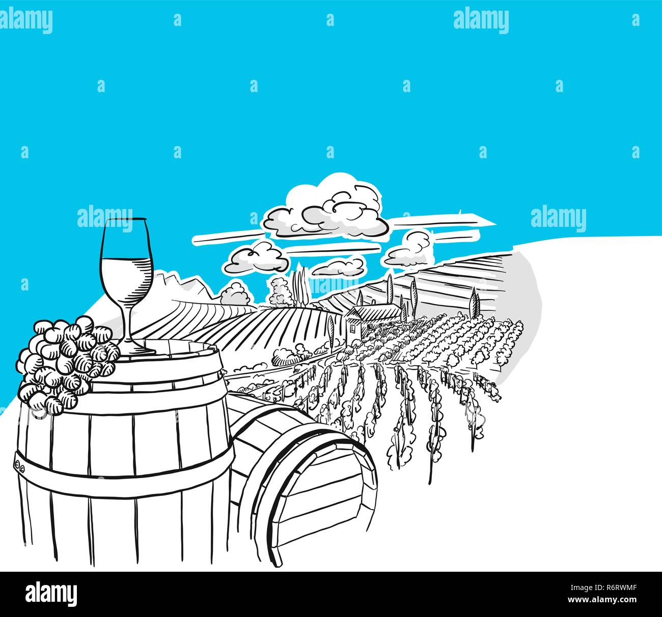 Vineyard landscape with glass drawing, hand-drawn vector food ...