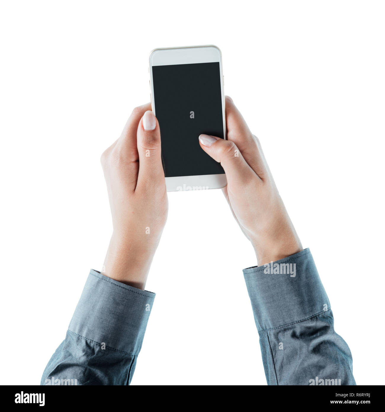 Woman using white desktop Cut Out Stock Images & Pictures - Alamy