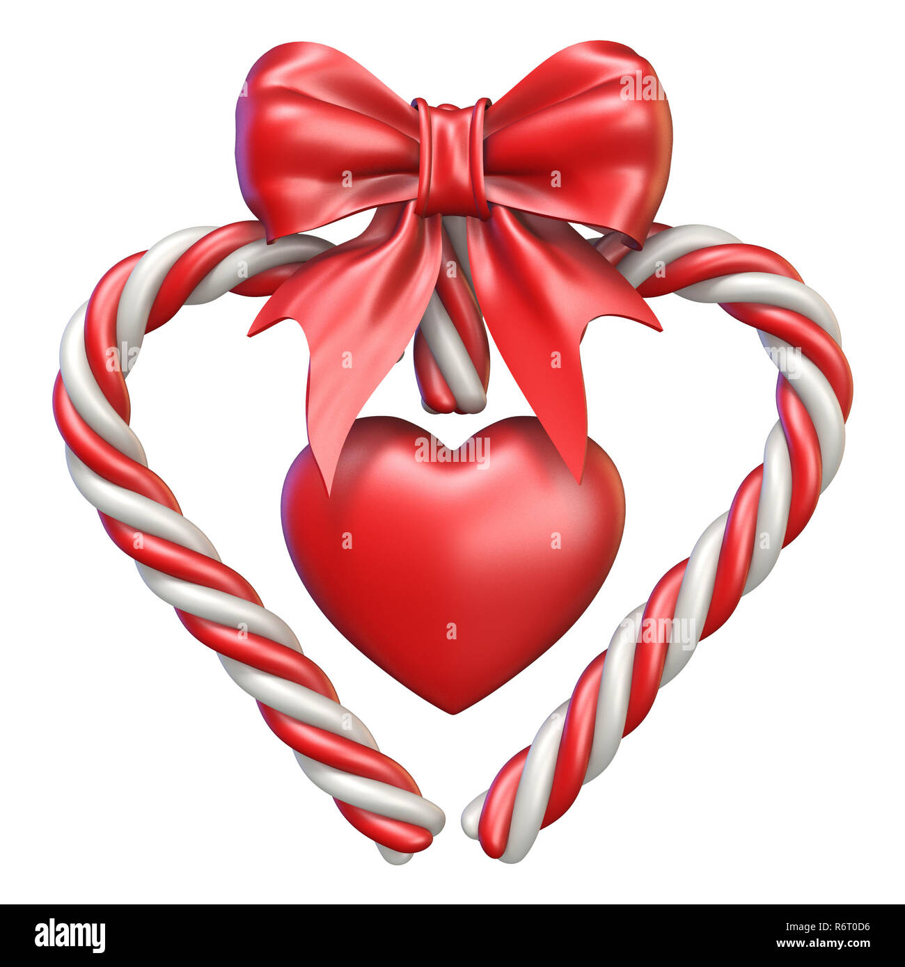 Candy cane, heart and ribbon bow 3D rendering illustration isolated on ...