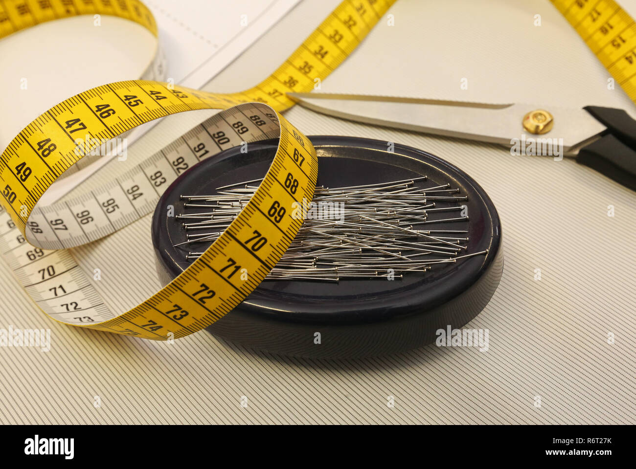 needles,tape measure and scissors Stock Photo - Alamy