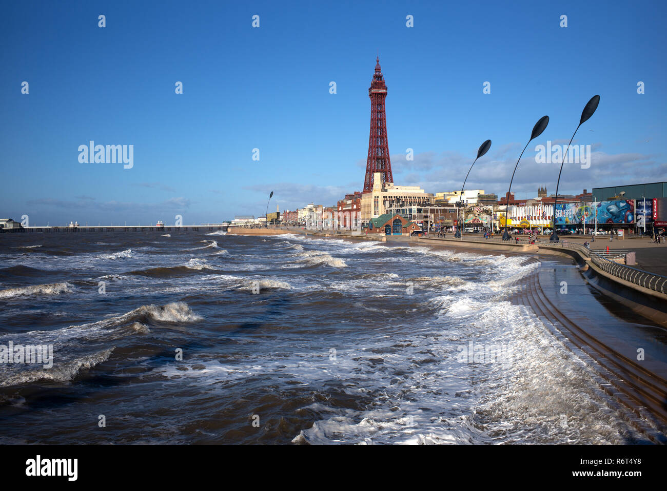 Blackpool promenade at high tide Stock Photo - Alamy