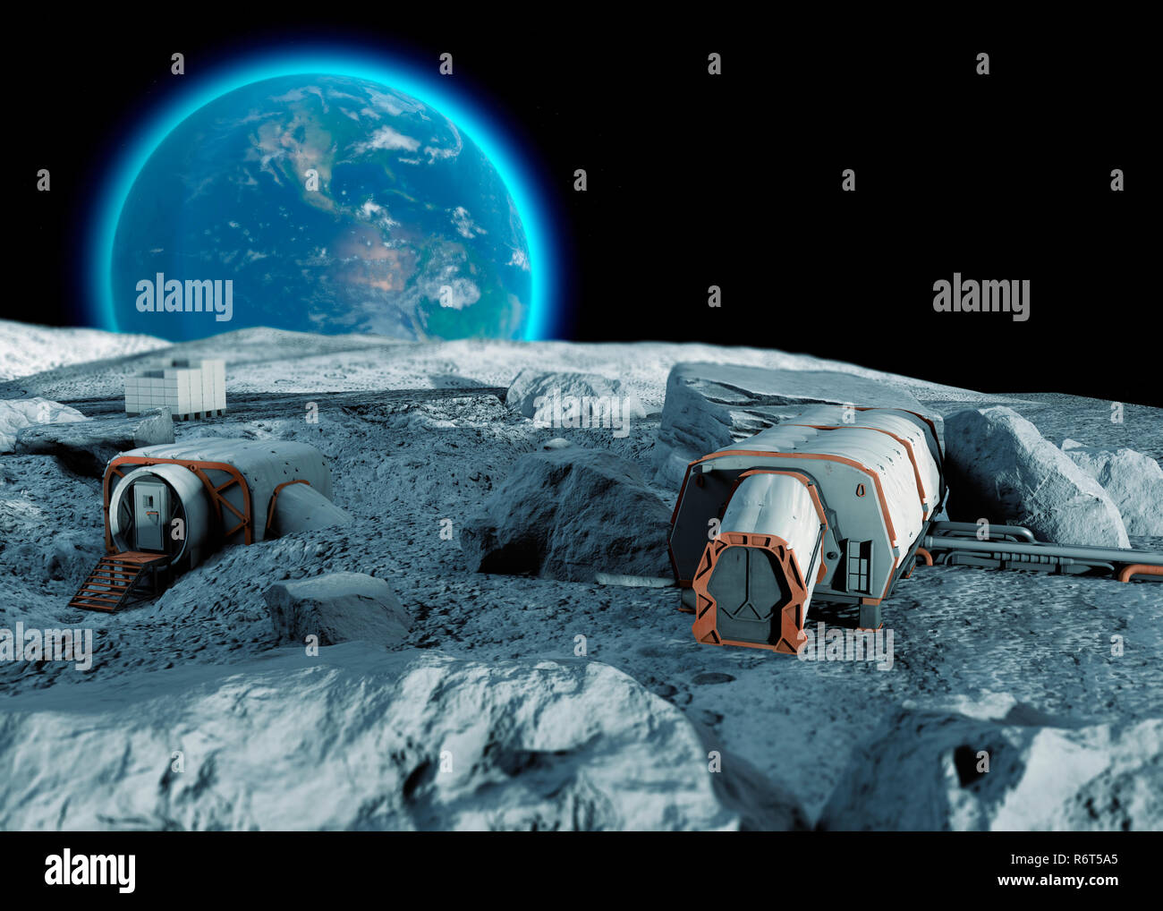 Lunar base, spatial outpost. First settlement on the moon. Space missions. Living modules for ...