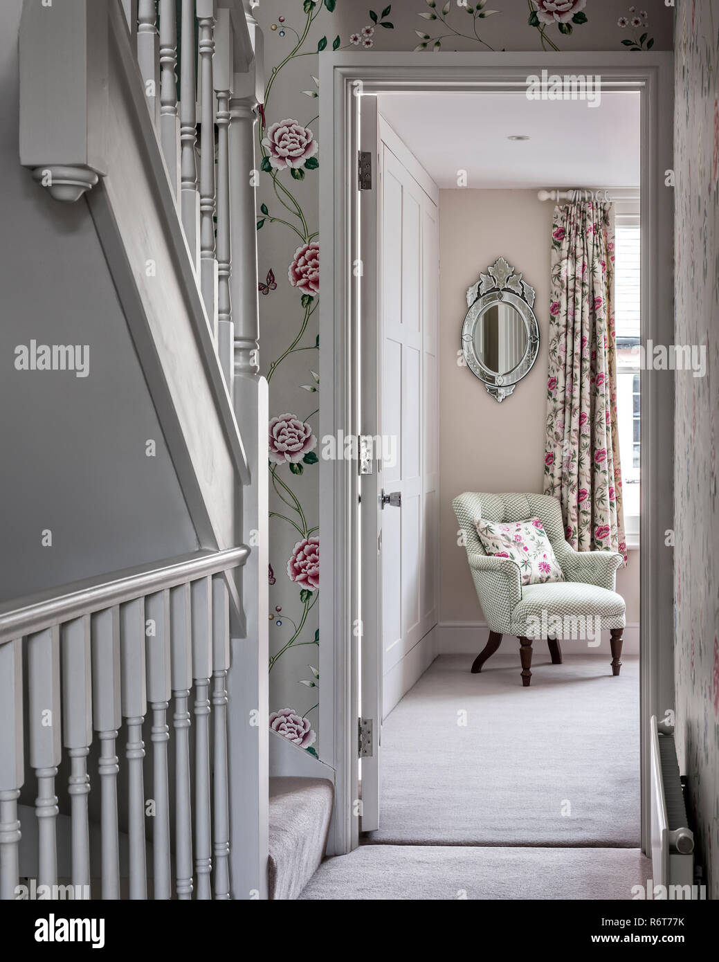 Sanderson’s Porcelain Garden wallpaper and Irish slipper chair Stock ...
