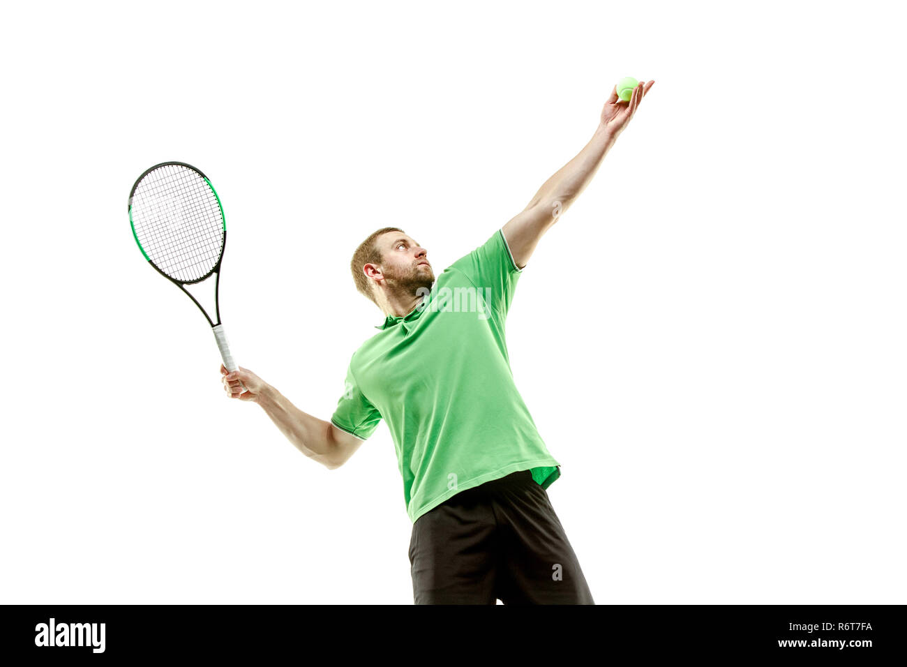 The one caucasian man playing tennis isolated on white background ...