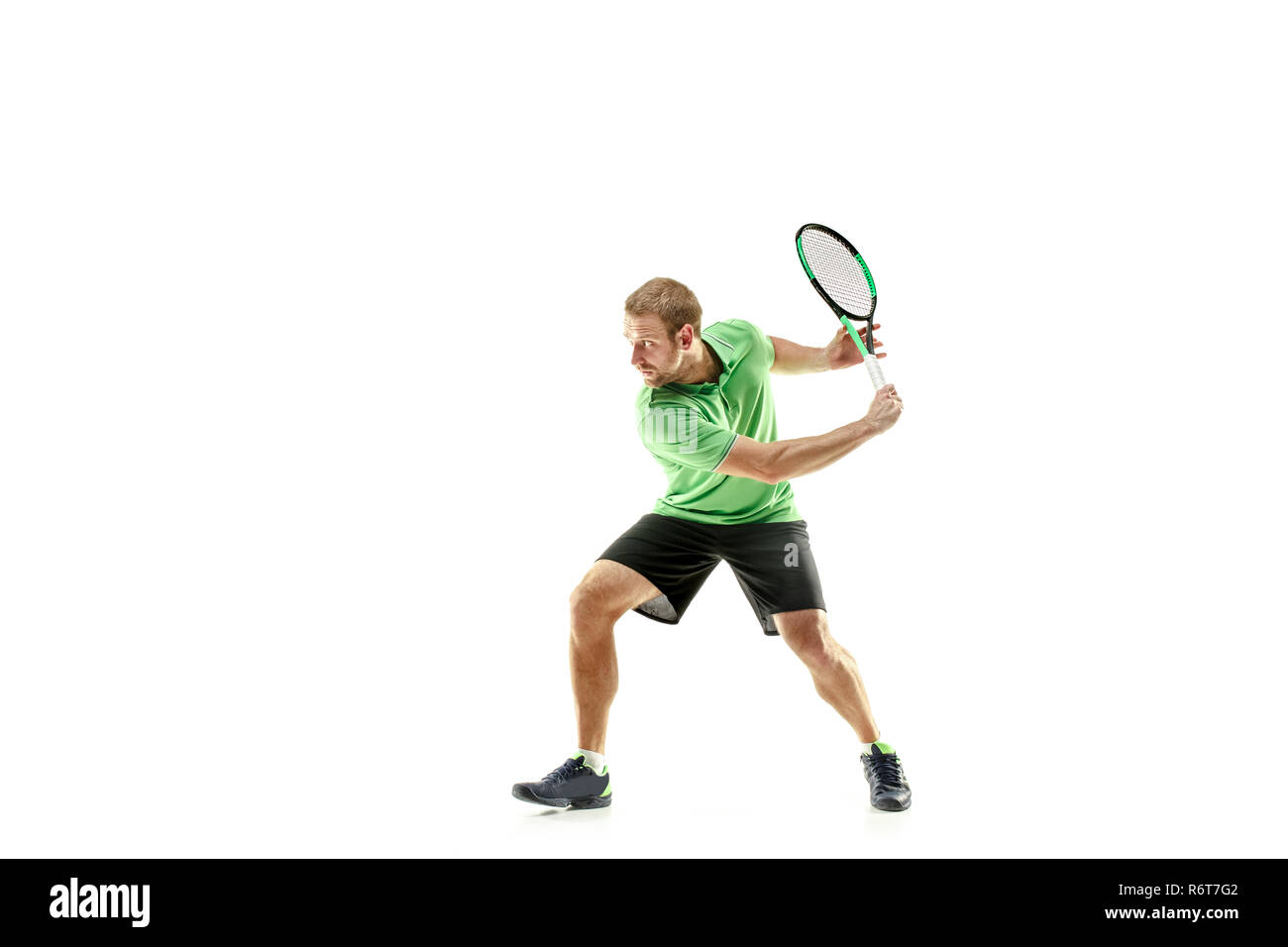 The one caucasian man playing tennis isolated on white background ...