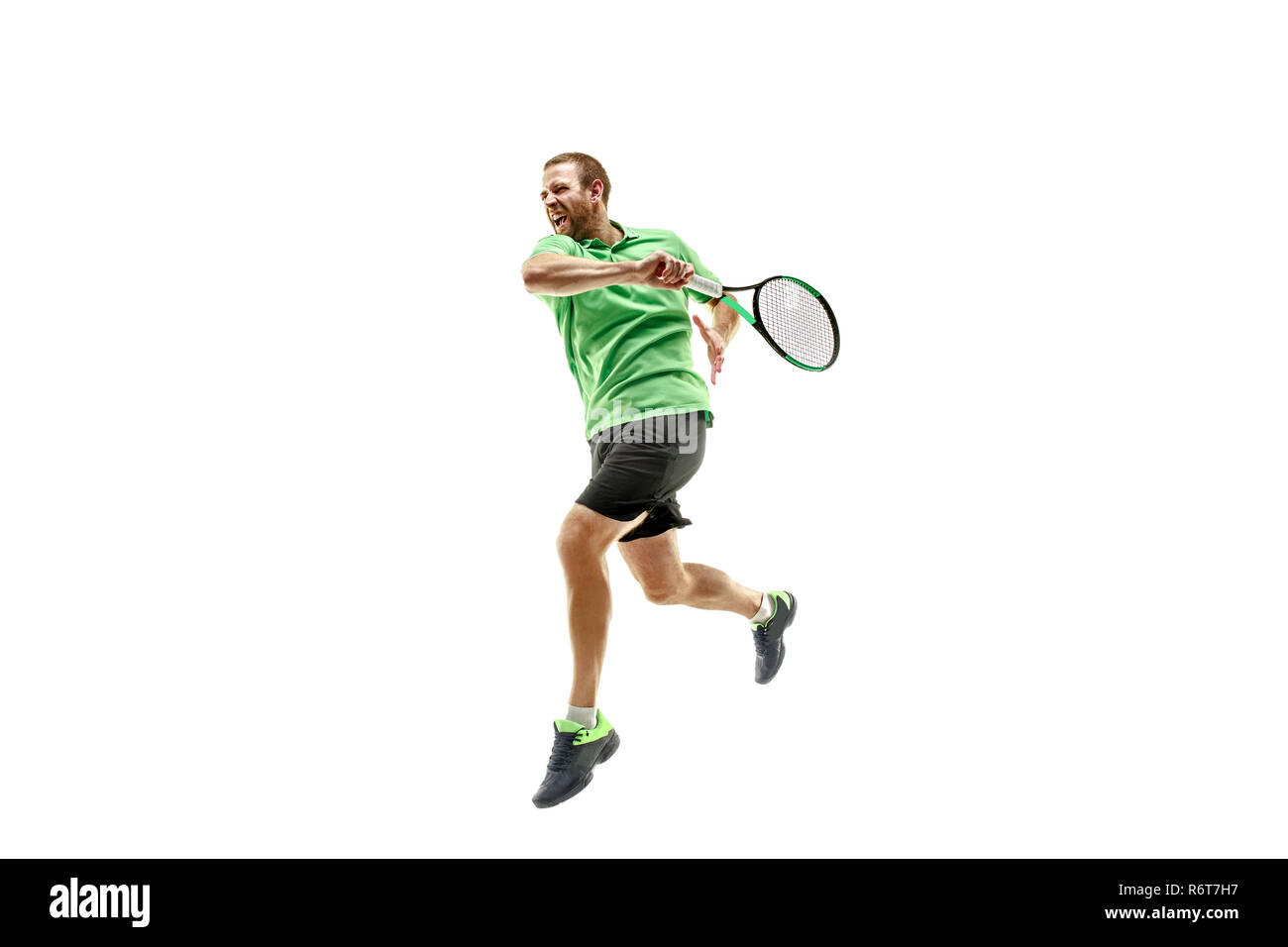 The one caucasian man playing tennis isolated on white background ...