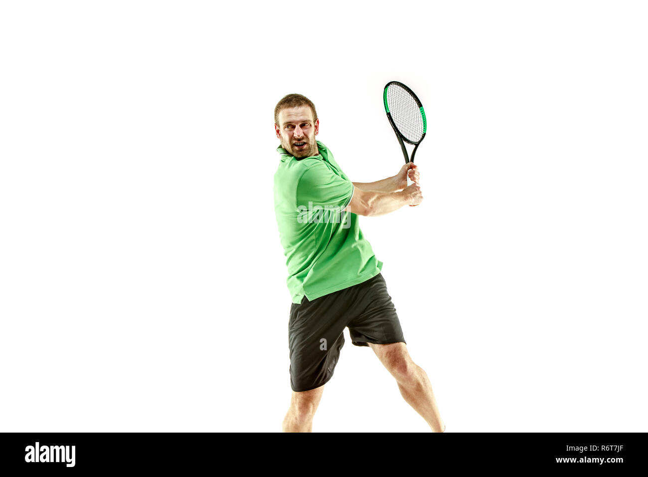 The one caucasian man playing tennis isolated on white background ...