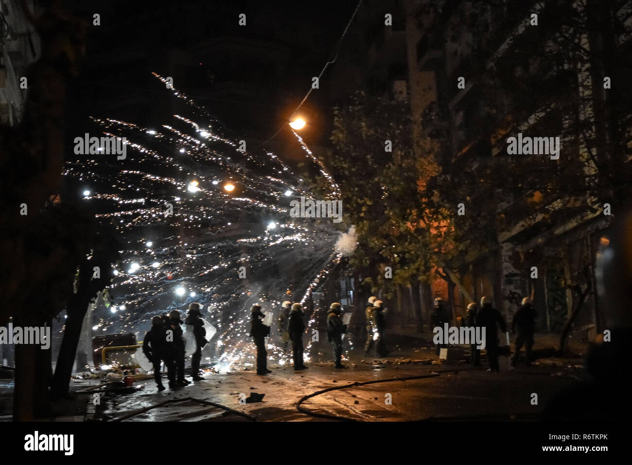 Athens, Greece. 6th Dec, 2018. A petrol bomb seen exploding next to the ...