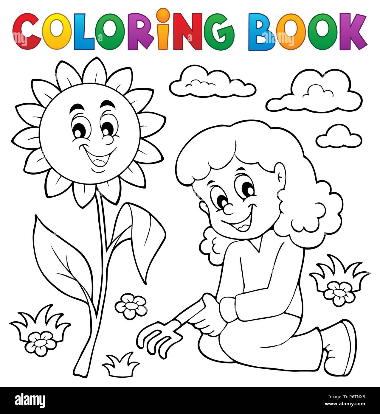 Coloring book girl gardening theme 1 Stock Photo - Alamy