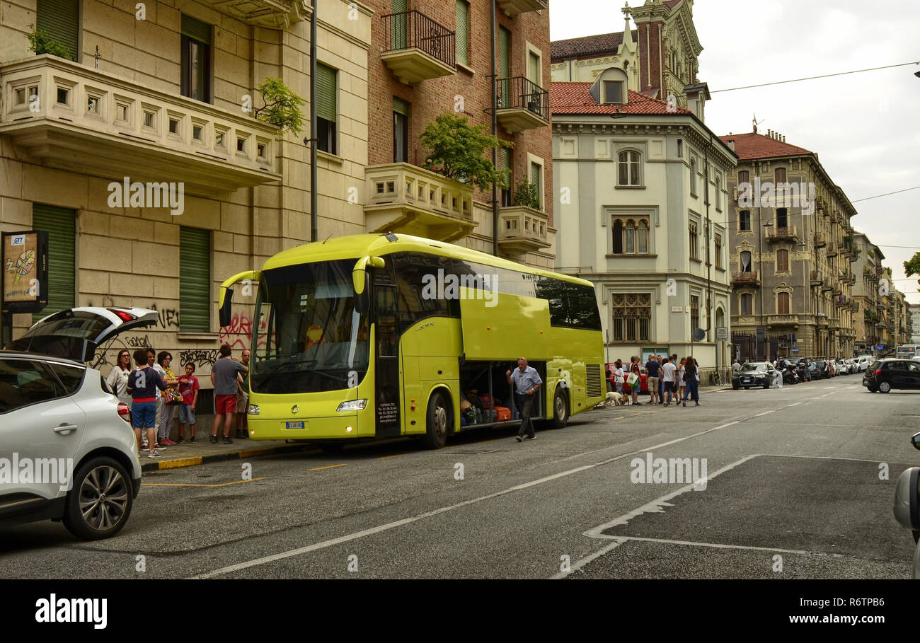 Turin, Piedmont, Italy. July 2018. Departure for the boys' summer camp ...