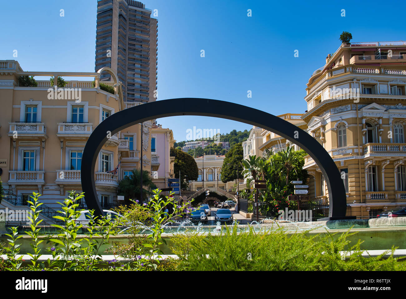 MONACO, EUROPE - AUGUST 11, 2018: Fountain with a sculpture in the ...
