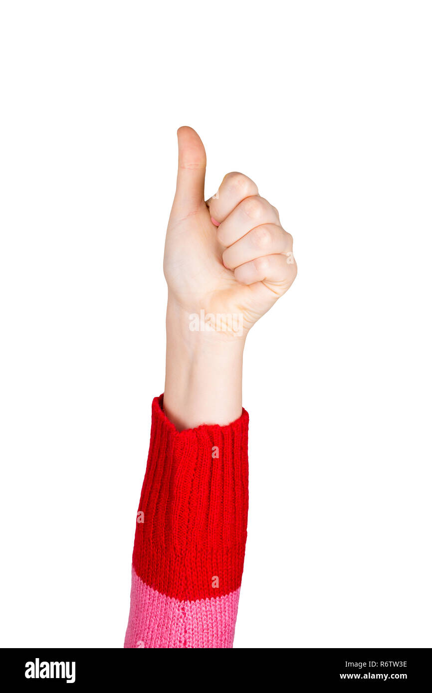 Close up of woman hand raised showing thumb up gesture, like symbol ...