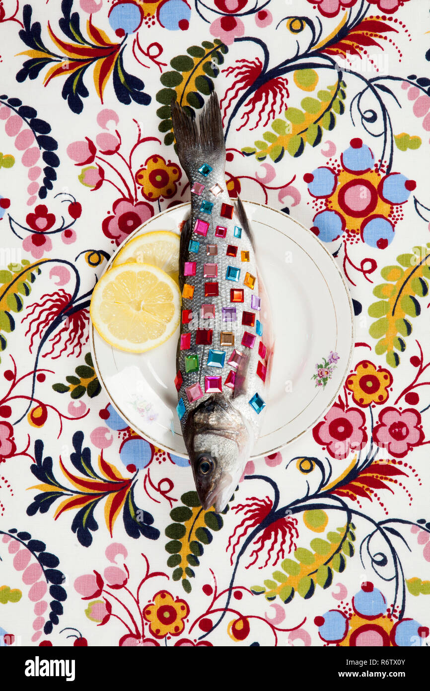 floral lemon fish plate precious gems Stock Photo - Alamy