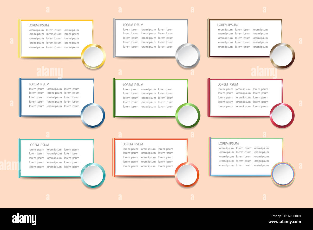 The infograph of nine blank white rectangles with colorful metal edges ...