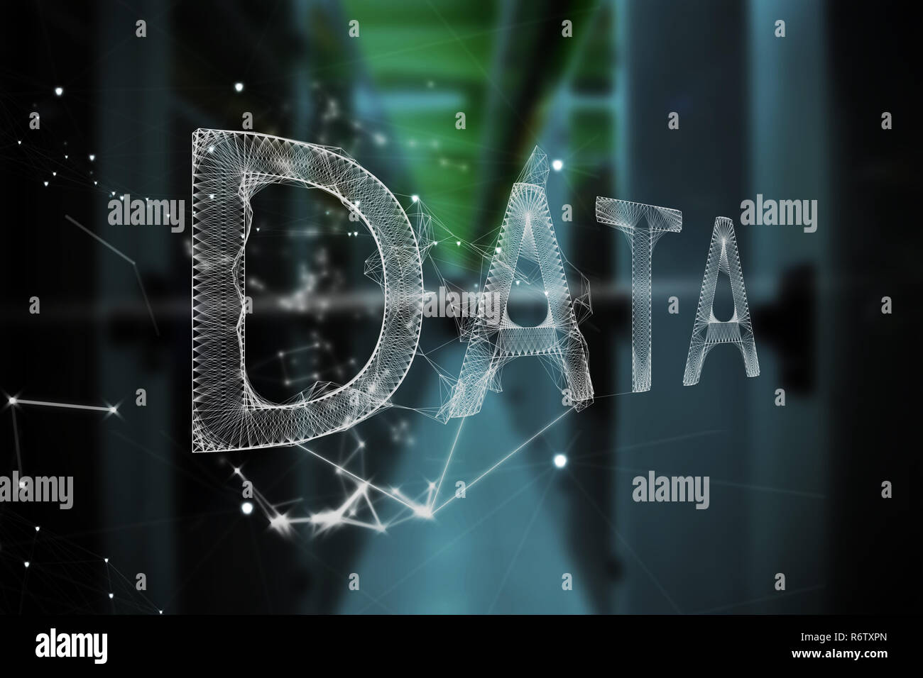 Graphic image of data text against empty server room Stock Photo - Alamy