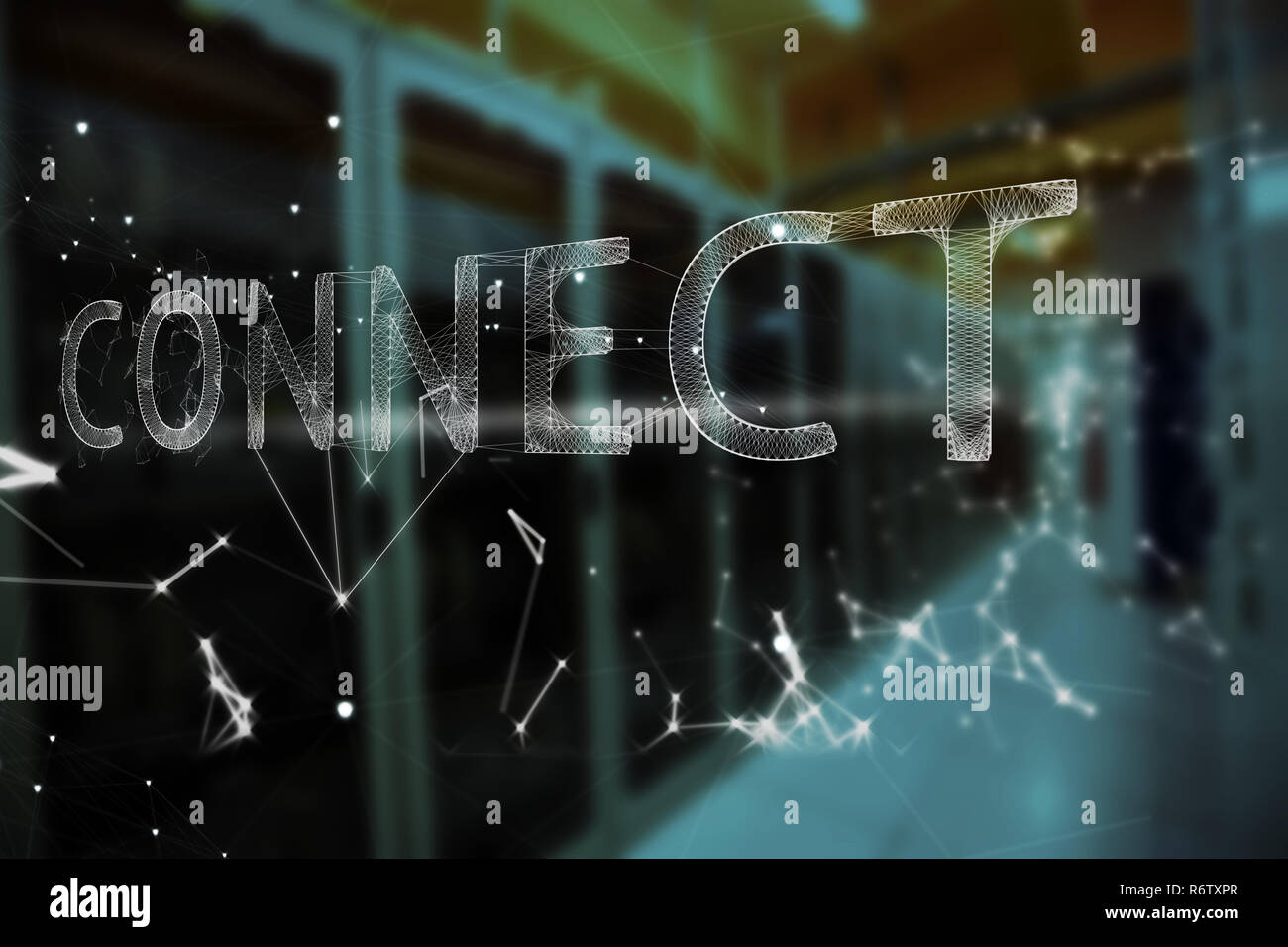 Digitally generated image of connect text against empty server room ...