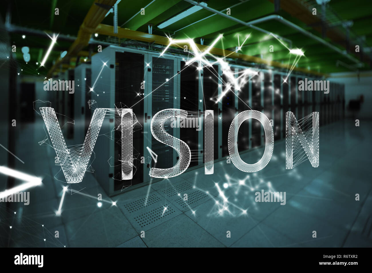 Vision text on black background against empty server room Stock Photo ...
