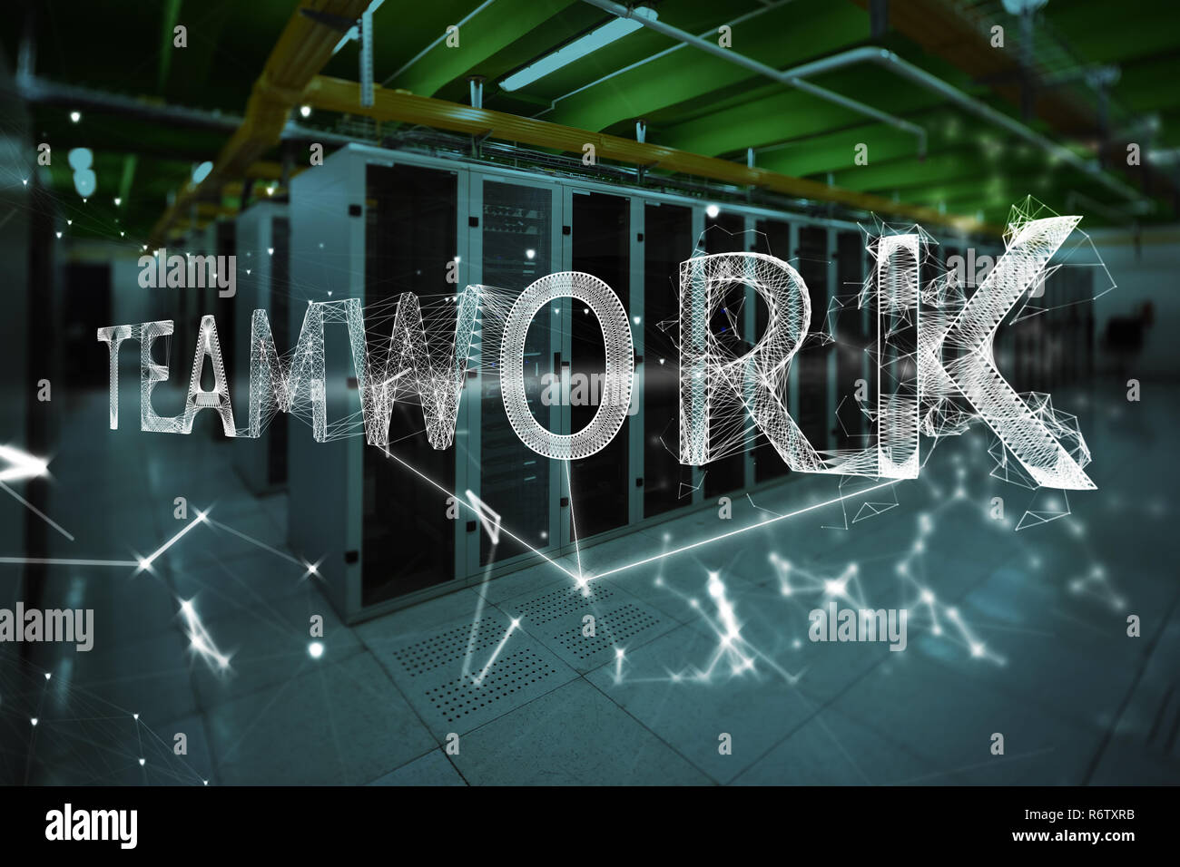 Graphic image of teamwork text against empty server room Stock Photo ...