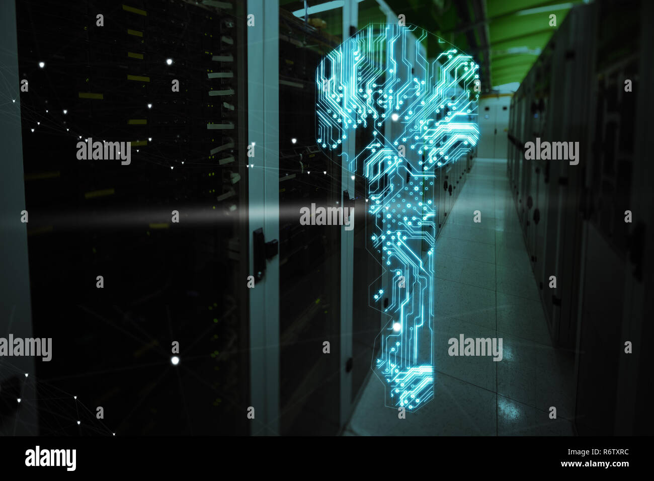 Digital image of key shape on circuit against empty server room Stock ...