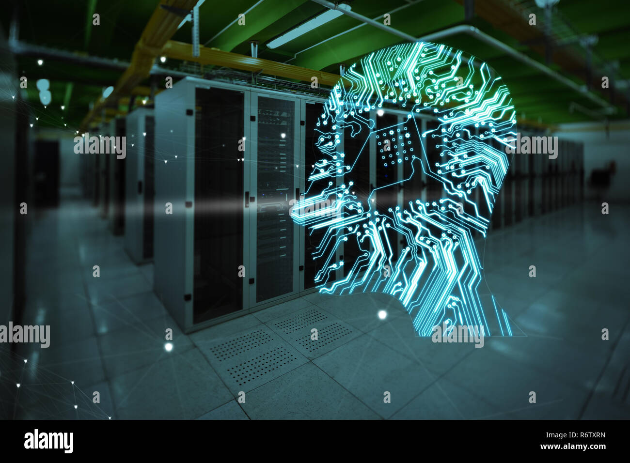Human face over circuit board against empty server room Stock Photo - Alamy