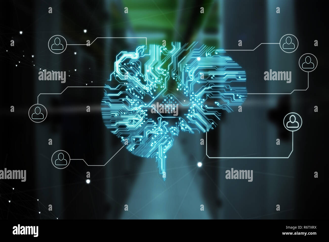 Human brain connected to people icons on circuit board against empty ...