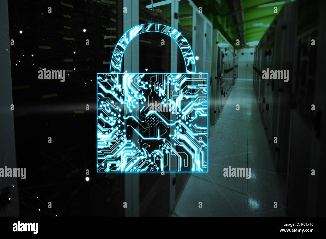 Digital image of lock shape on circuit board against empty server room ...