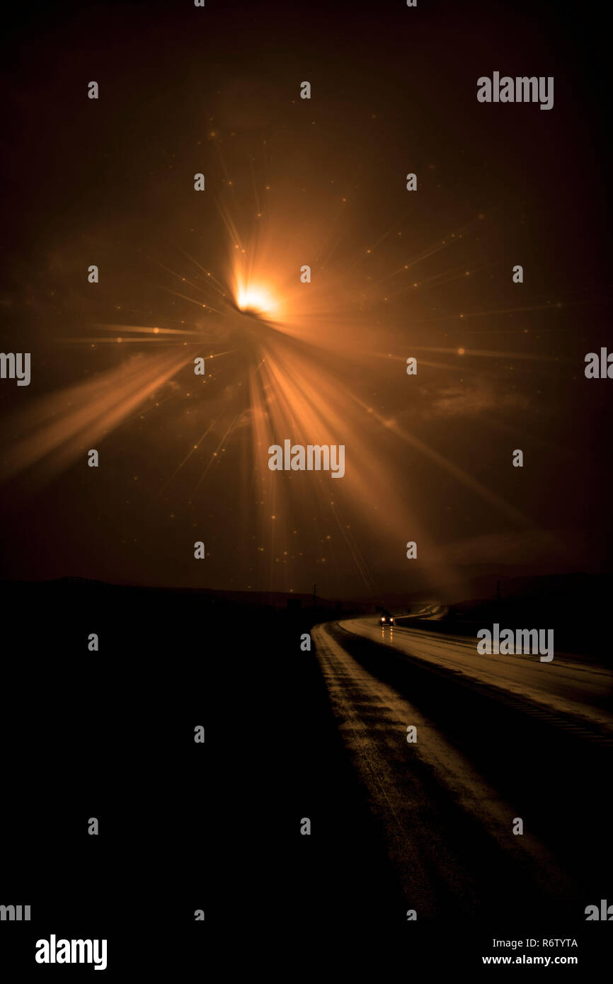 Single car travels on dark road. Bright star in the night sky Stock ...